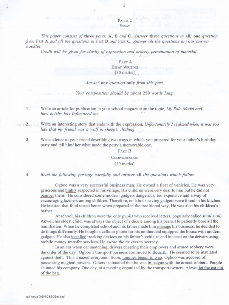 2022 Bece English Lang Paper 2 | PDF