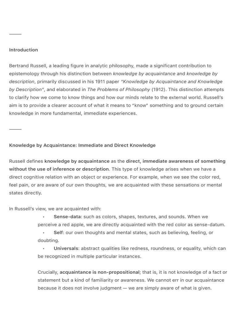 Acquaintance and Description - 1 | PDF | Knowledge | Epistemology