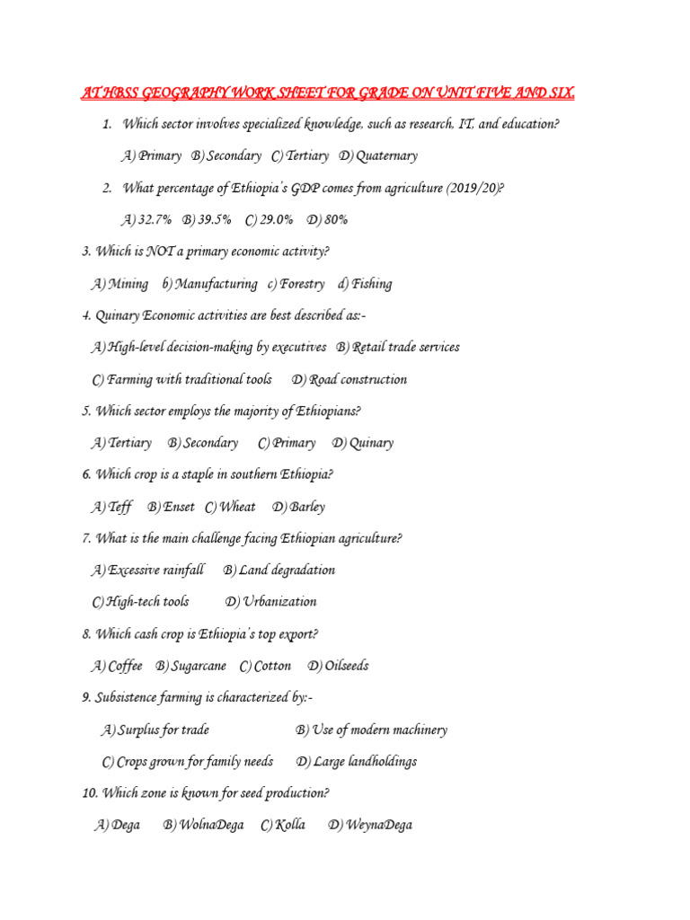 Grade 9 Geography: Units 5 & 6 Worksheet | PDF | Ethiopia | Agriculture