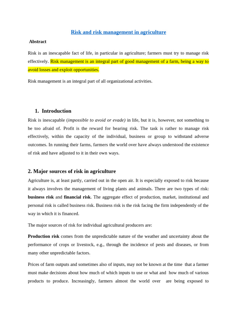 Risk and Risk Management in Agriculture | PDF | Futures Contract ...