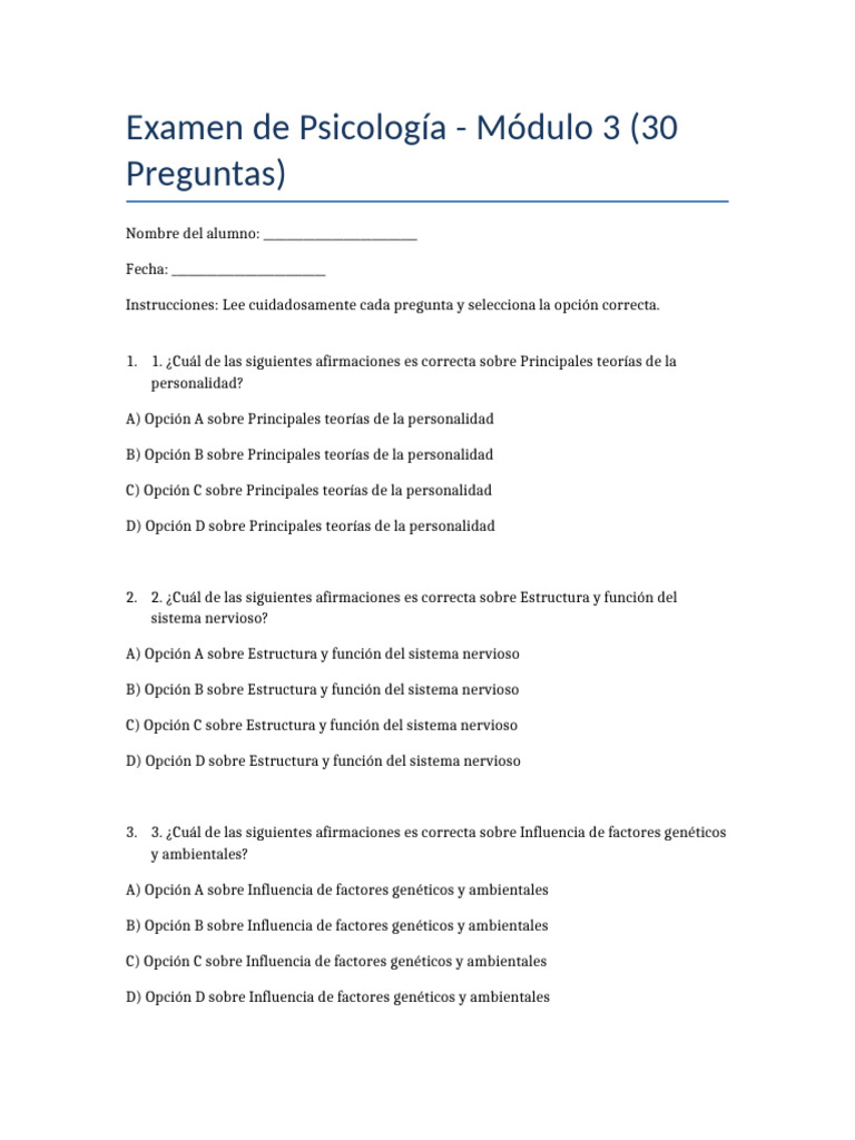 Examen Psicologia Modulo3 30 Preguntas | PDF | Sentidos | Aprendizaje