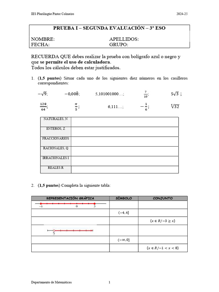Prueba I 2 Evaluación Intervalos NÚmeros Reales Radicales 24 25 Pdf 2930