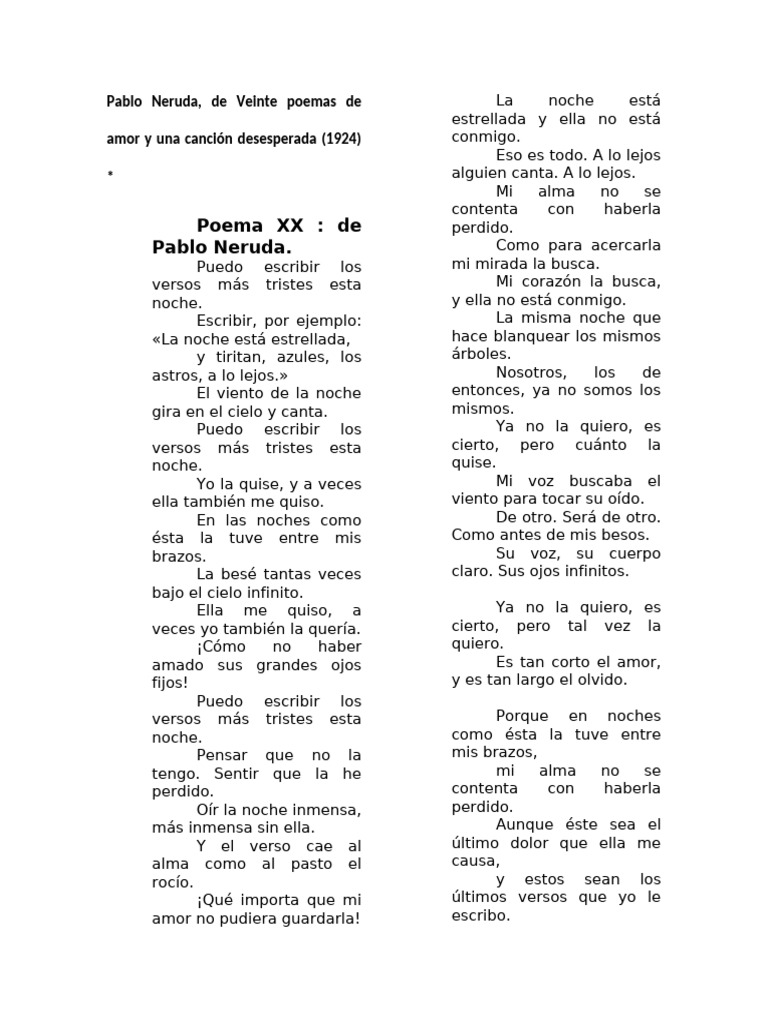 Poema XX de Pablo Neruda | PDF | Amor