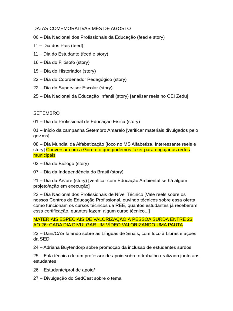 Datas Comemorativas Agosto - Setembro - 2024 | PDF