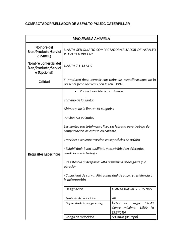 Ficha Tecnica Llanta de Sellador de Asfalto PS150 Caterpillar | PDF ...