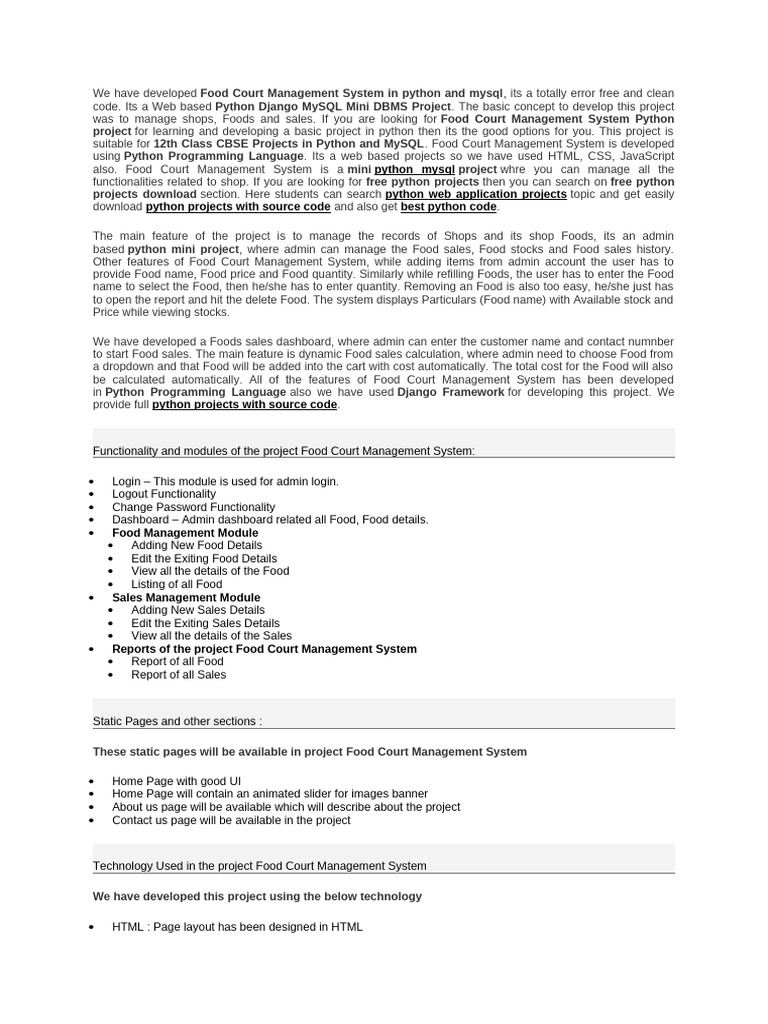 Food Court Management System Pdf Python Programming Language Java Script