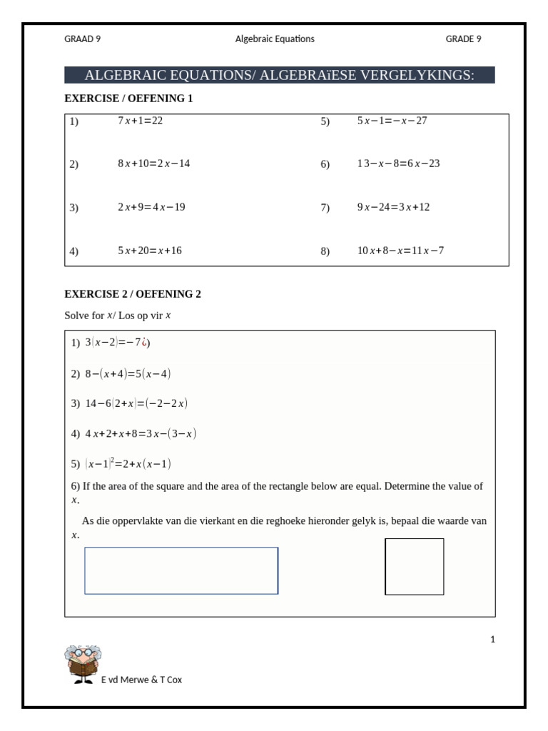 Algebraic Equations Exercises (Eng and Afrikaans) | PDF | Algebra ...