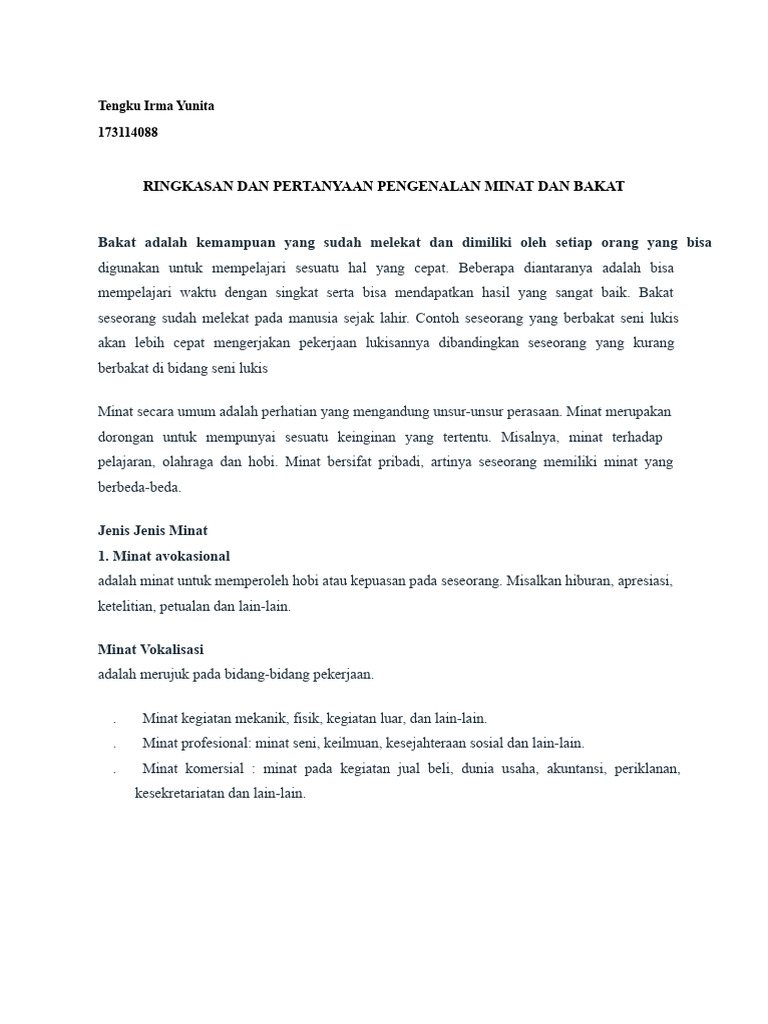 Ringkasan Dan Pertanyaan Pengenalan Minat Dan Bakat | PDF