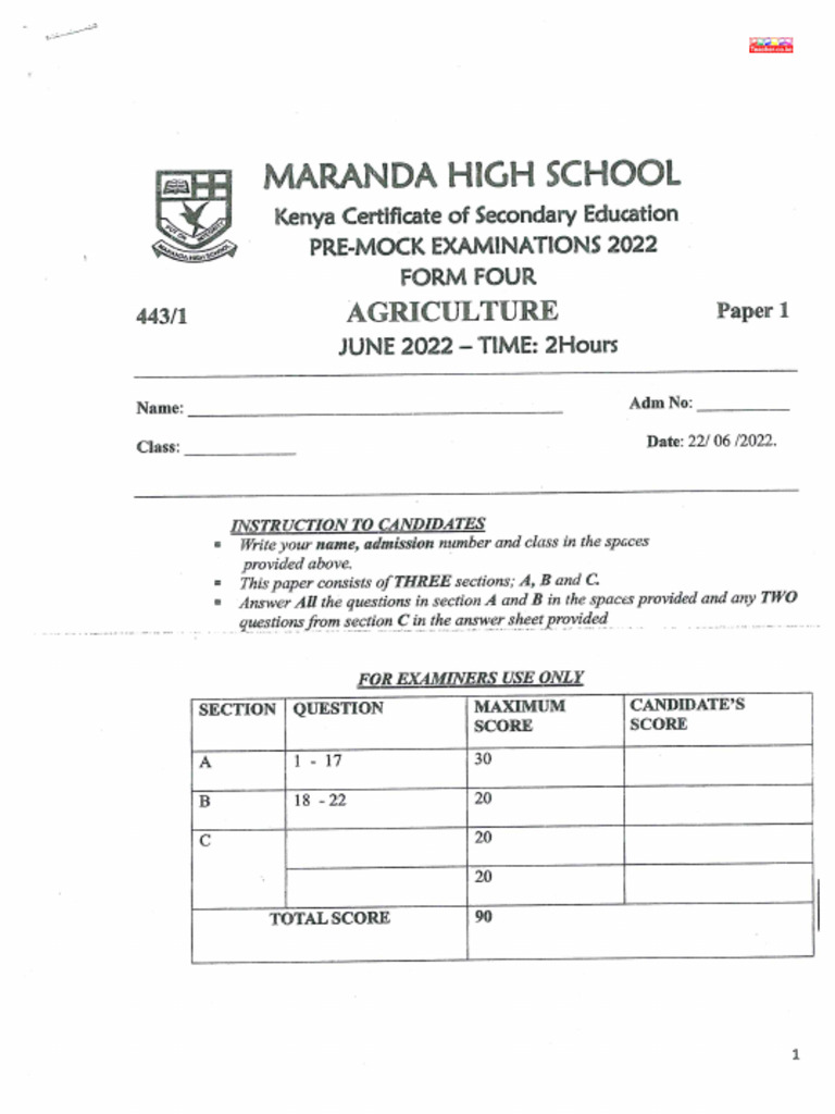 Maranda Agriculture Paper 1 Maranda Form 4 End Term 1 Teacher Co Ke | PDF