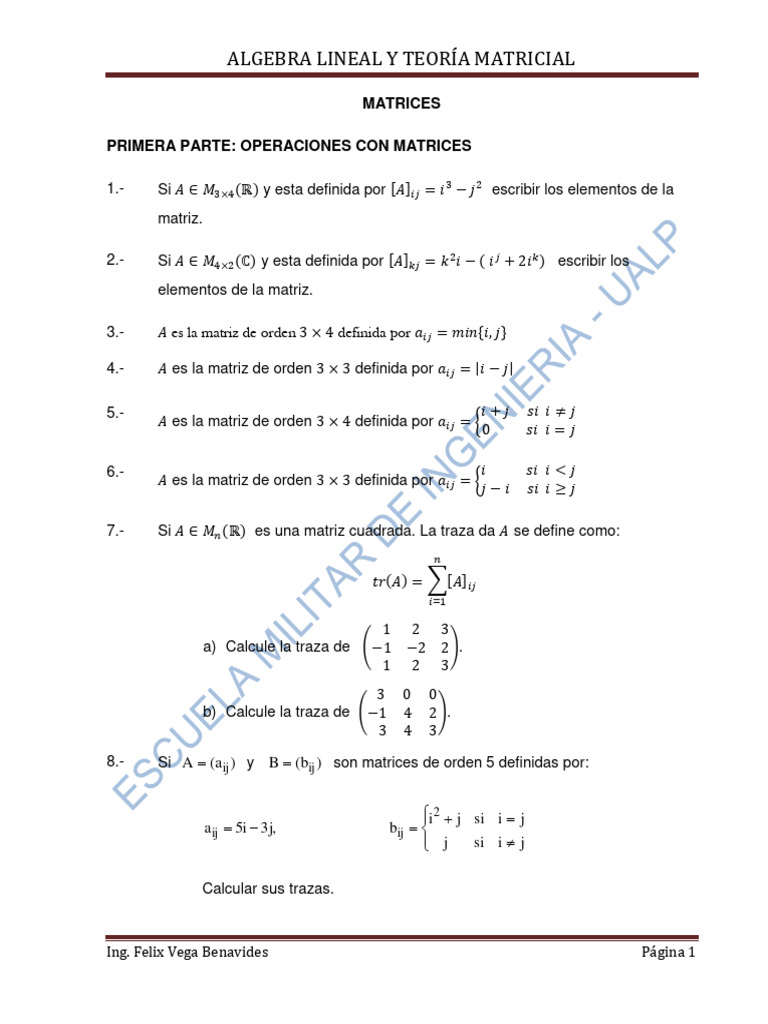 Operaciones y Teoremas de Álgebra Matricial | PDF | Matriz (Matemáticas ...