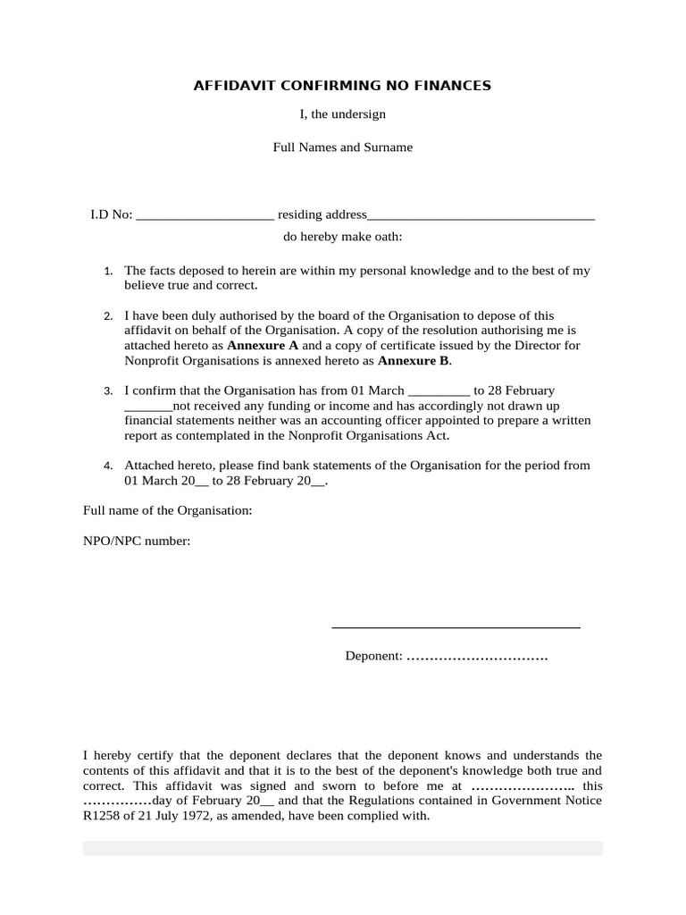 Sample Affidavit No Finances | PDF | Affidavit | Legal Procedure