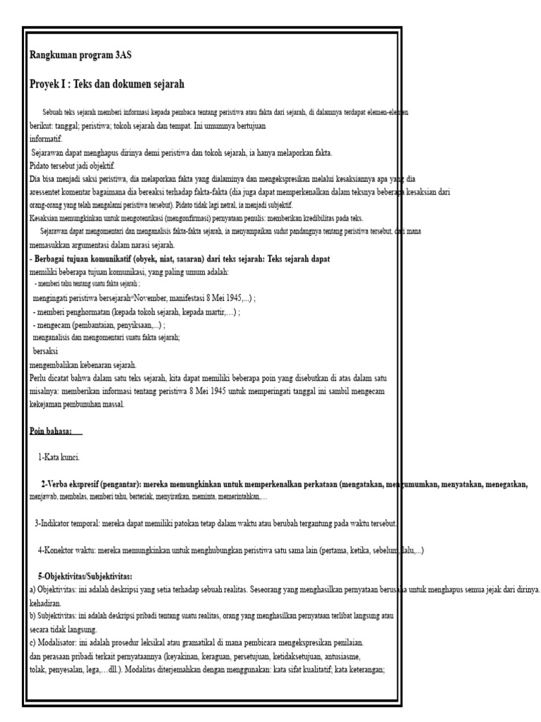Proyek I: Teks Dan Dokumen Sejarah: Rangkuman Program 3AS | PDF