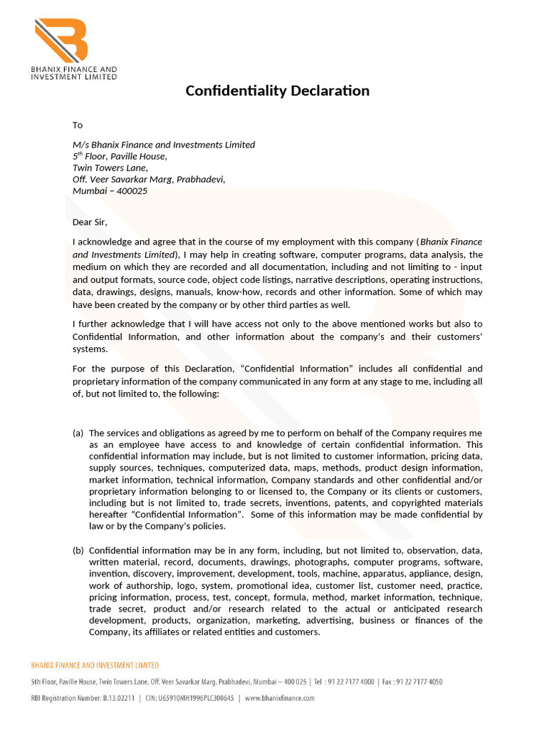 Confidentiality Declaration - Bhanix | PDF | Trade Secret | Employment