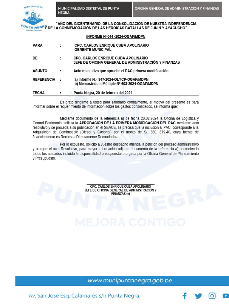 INFORME N° 044-2024- Inclusion al PAC | PDF