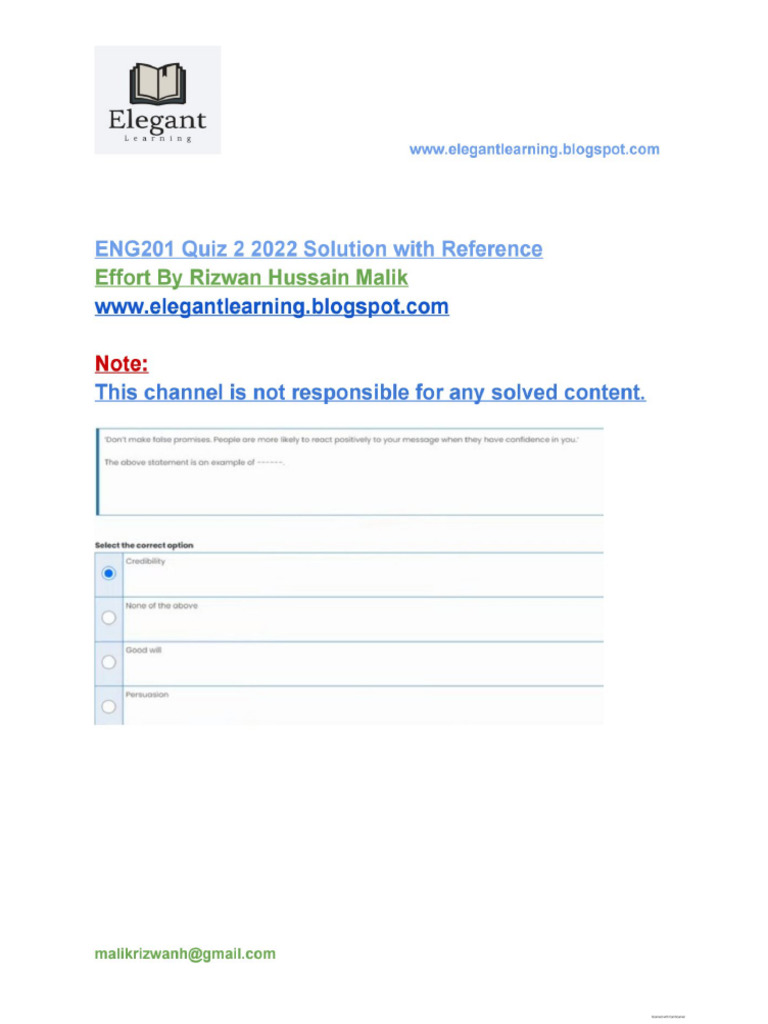 ENG201 Quiz 2 2022 Solution With Reference PDF Mega File-1 | PDF