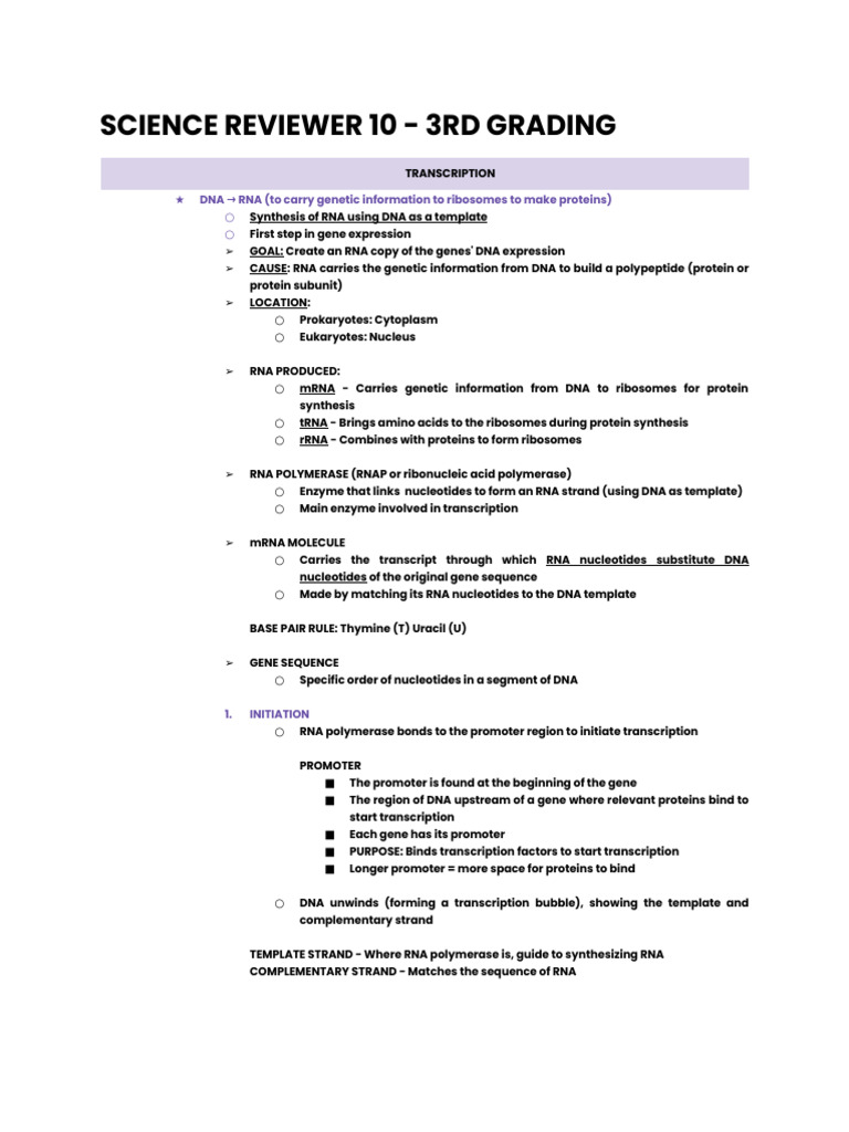 Science Reviewer 10 - 3RD Grading | PDF | Translation (Biology) | Rna