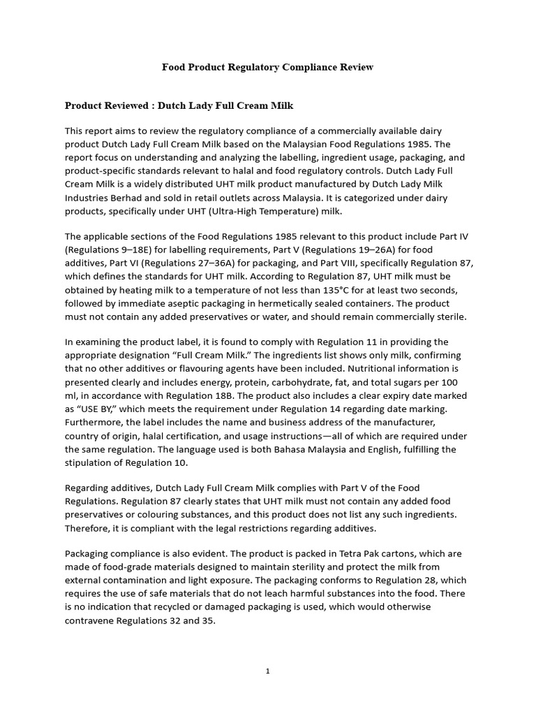 Food Product Regulatory Compliance Review | PDF | Milk
