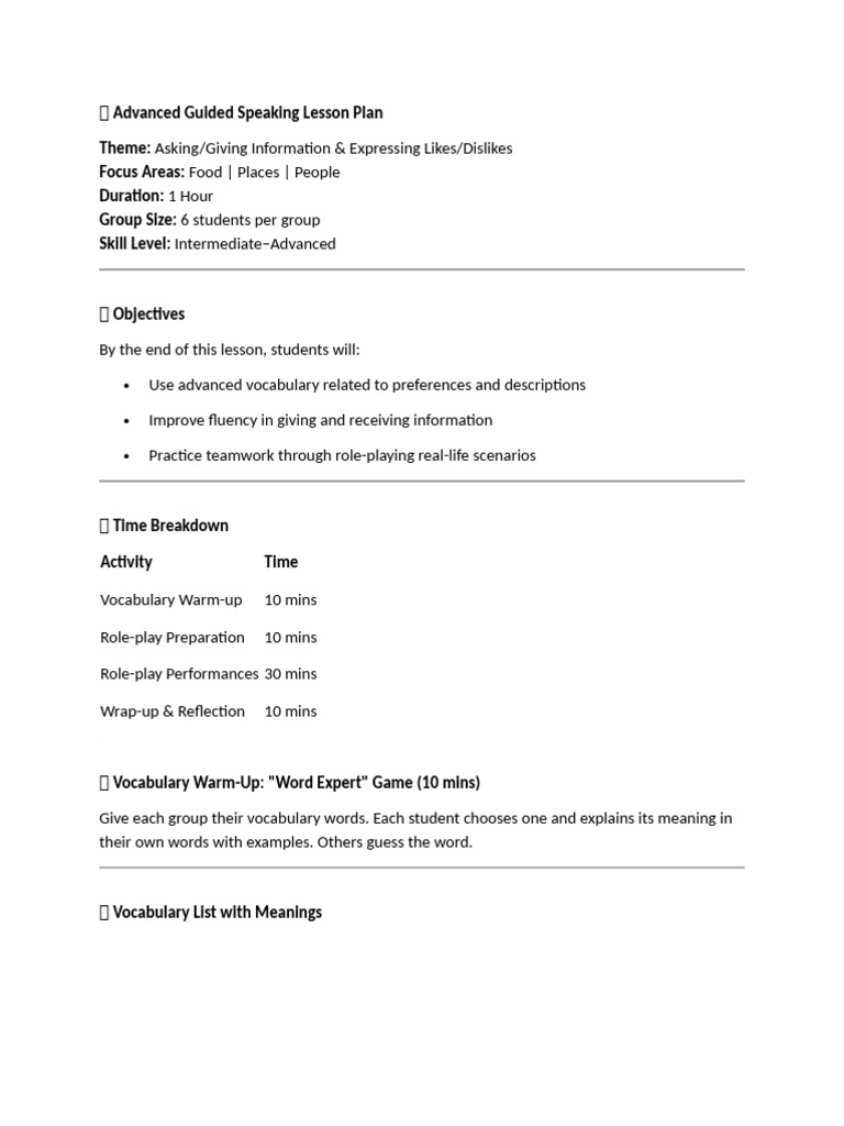 ? Advanced Guided Speaking Lesson Plan | PDF