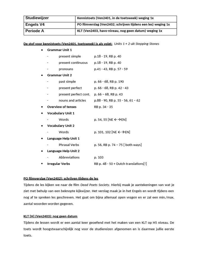 Studiewijzer - V4 Periode A 24 25 | PDF