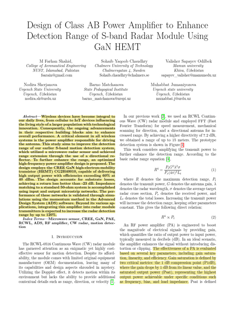 Class AB Power Amplifier for S-Band Radar | PDF | Amplifier | Radar