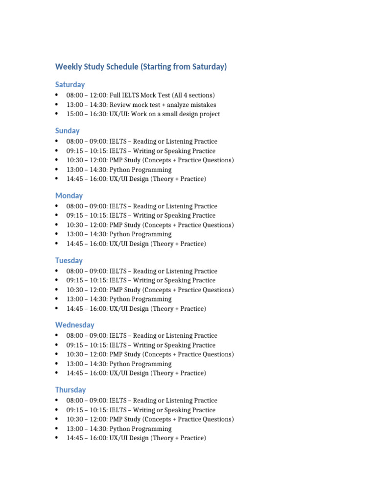 IELTS and UX/UI Weekly Schedule | PDF