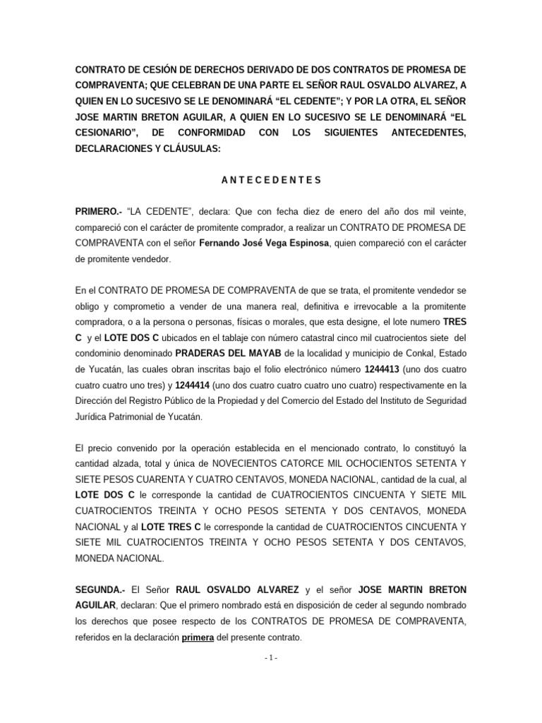 Cesión Derechos Promesa Praderas Del Mayab | PDF