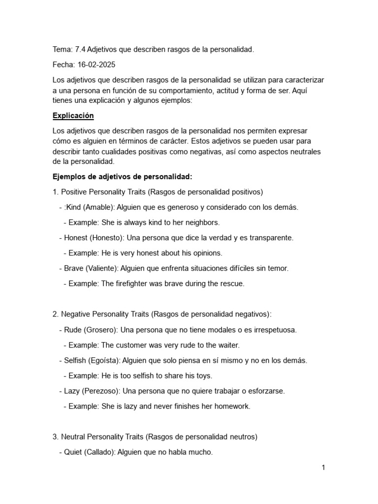 Rasgos de Personalidad en Inglés | PDF