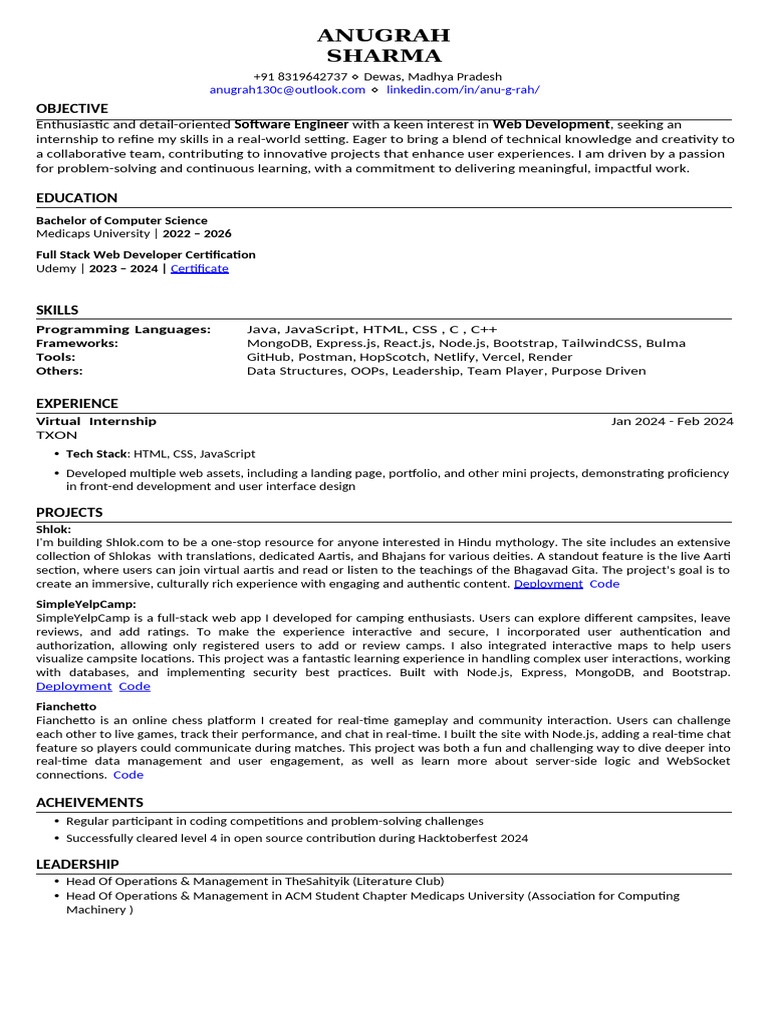 Anugrah Sharma: Objective | PDF | Java Script | Web Development