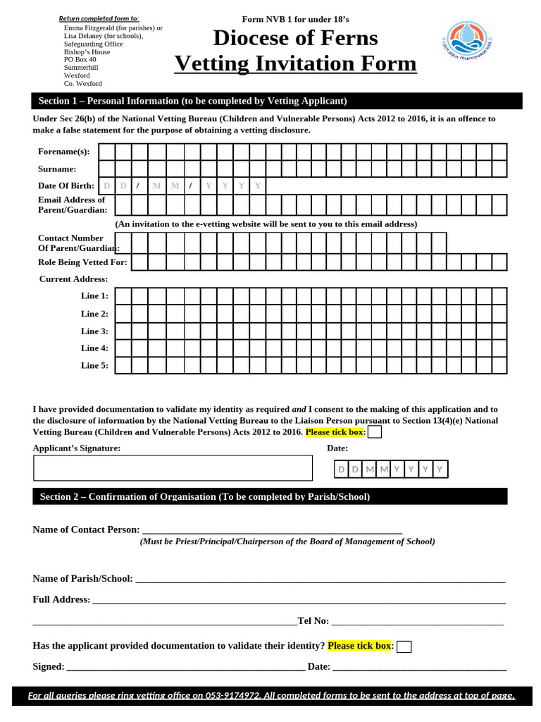E Vetting Invitation Form NVB1 for Under 18s 2 | PDF