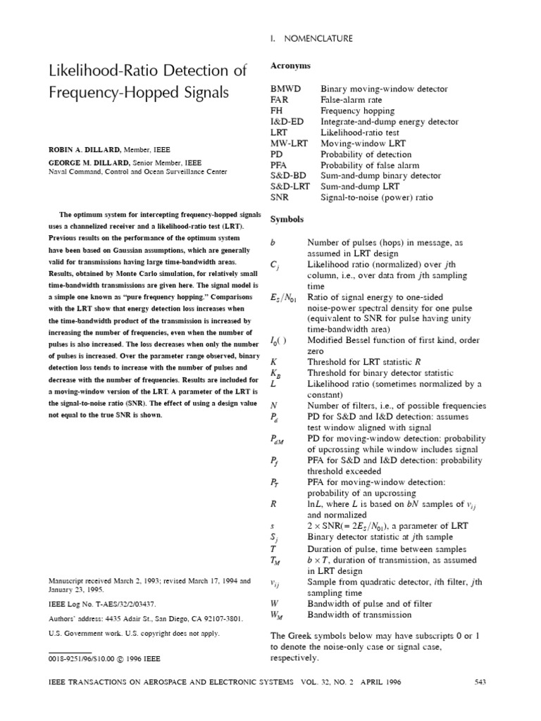 1993-Likelihood-Ratio Detection of Frequency-Hopped Signals | PDF | Signal To Noise Ratio ...