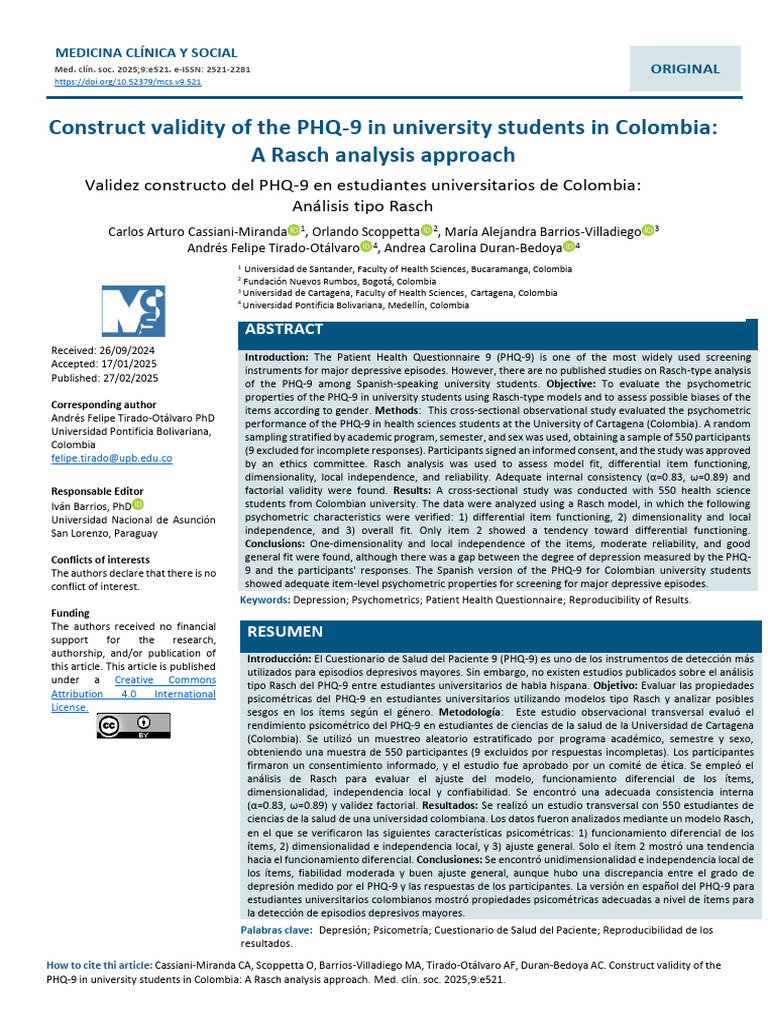 PHQ-9 Validity in Colombian Students | PDF | Psychometrics | Validity ...