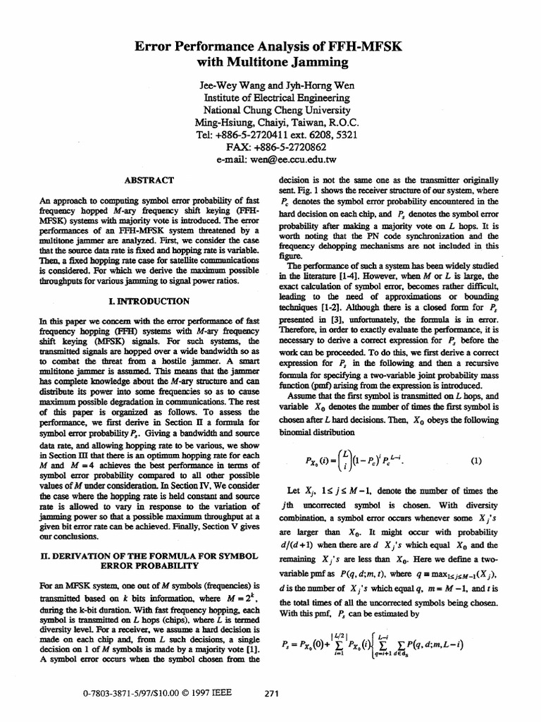 1997-Error Performance Analysis of FFH-MFSK With Multitone Jamming | PDF | Bandwidth (Signal ...