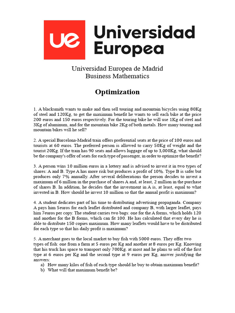 Unit 8 - Optimization - Optional Exercises | PDF | Profit (Economics) | Income