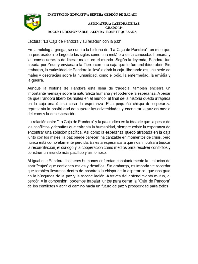 Institucion Educativa Bertha Gedeón de Baladi Asignatura: Catedra de ...