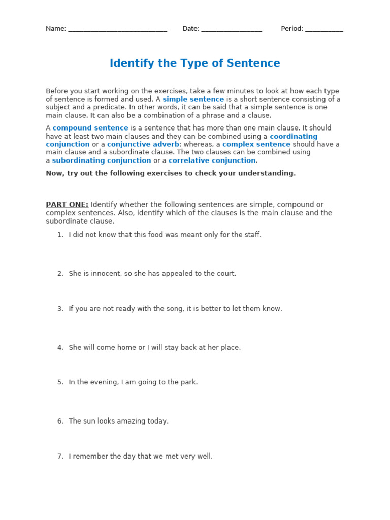 Types of Sentence Practice | PDF | Sentence (Linguistics) | Semantic Units