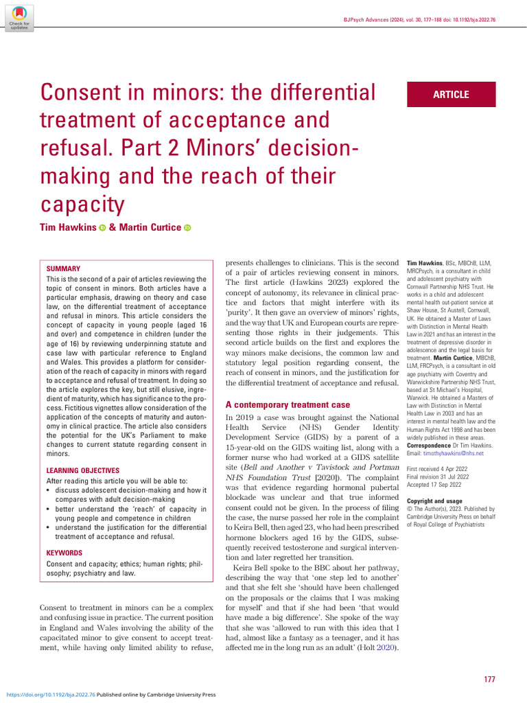 Consent in Minors The Differential Treatment of Acceptance and Refusal Part 2 Minors Decision ...