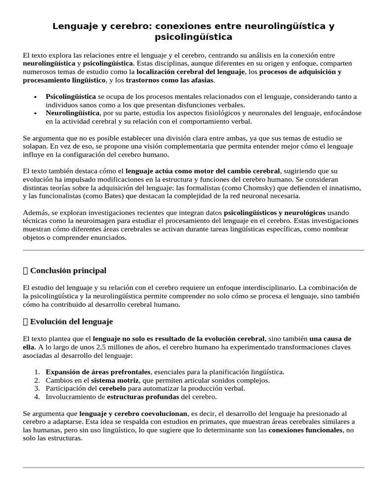 Lenguaje Y Cerebro Pdf Neurolingüística Aquisición De Idioma