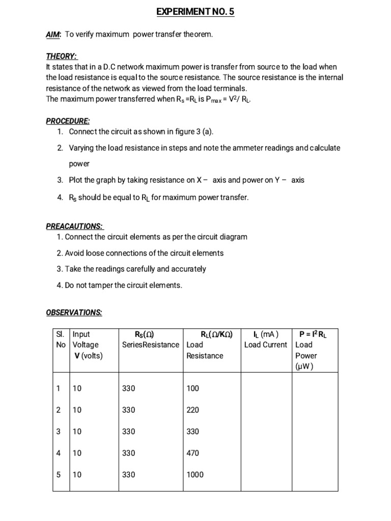 Maximum Power Transfer Theorem Experiment | PDF