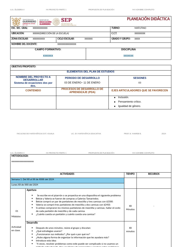 Plantilla para Mi Planeación 0.2 | PDF | Álgebra | Ecuaciones