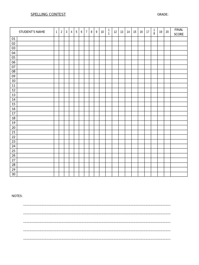Spelling Contest Score Sheet | PDF