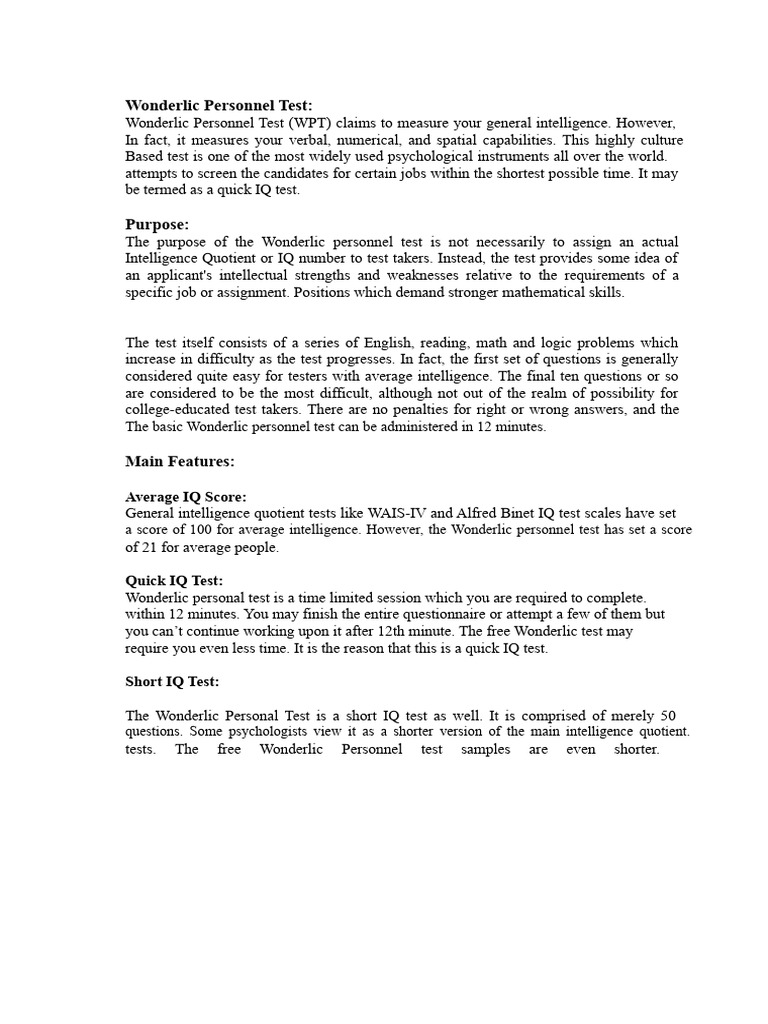 Wonderlic Personnel Test:: Average IQ Score | PDF