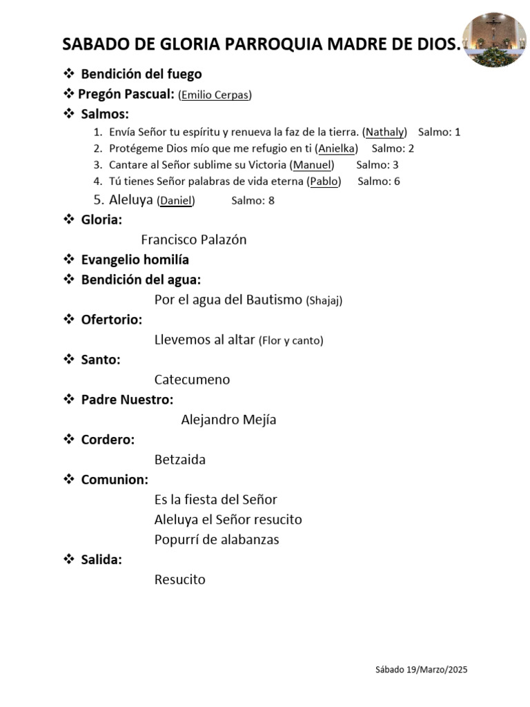 Programa Sabado de Gloria Parroquia Madre de Dios Completo | PDF | Cristo (título) | Pascua de ...