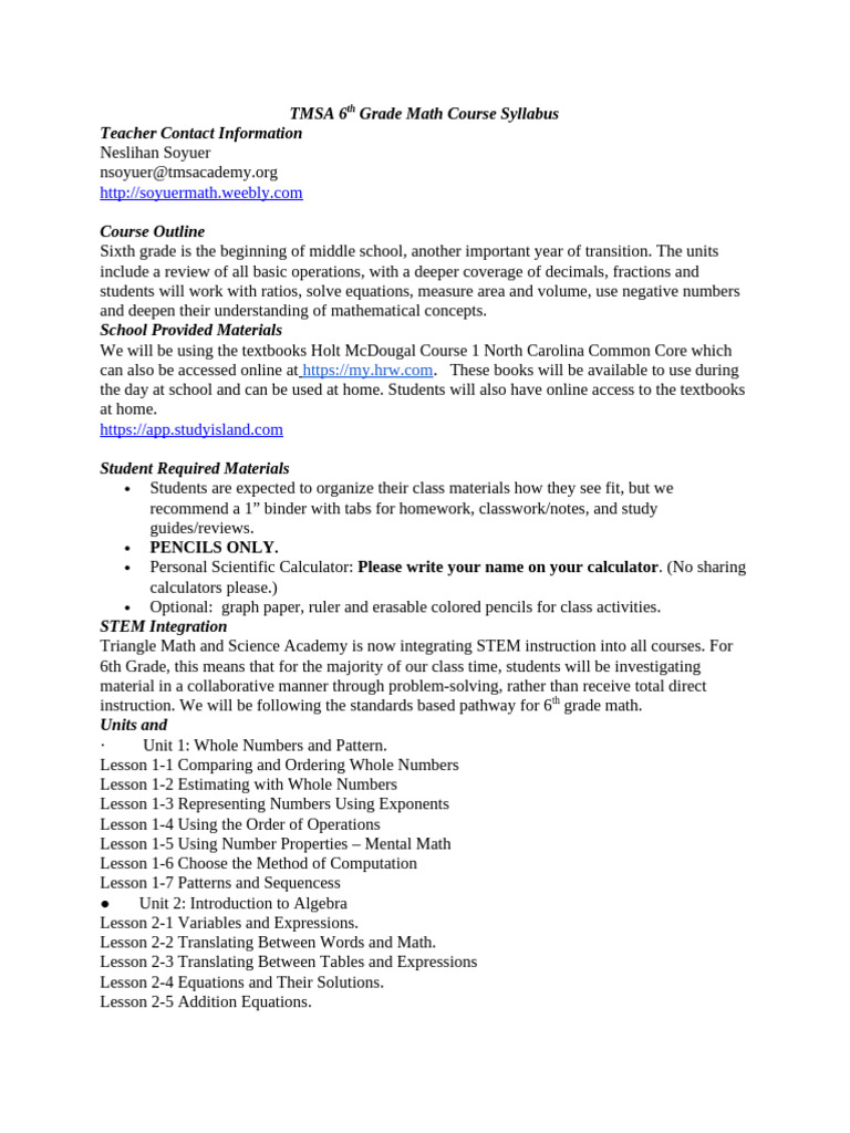 6th Grade Sylabi 2018.2019 | PDF | Area | Geometry