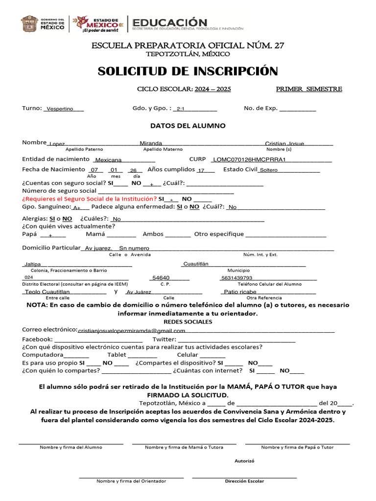 Solicitud de Inscripciòn 2024-2025 Ok | PDF