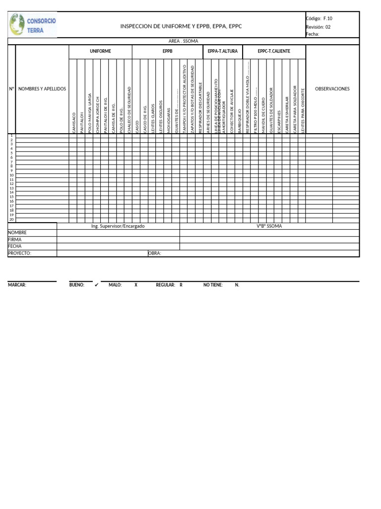 Formato Insp. de Unif. y Eppb Eppa Eppc | PDF
