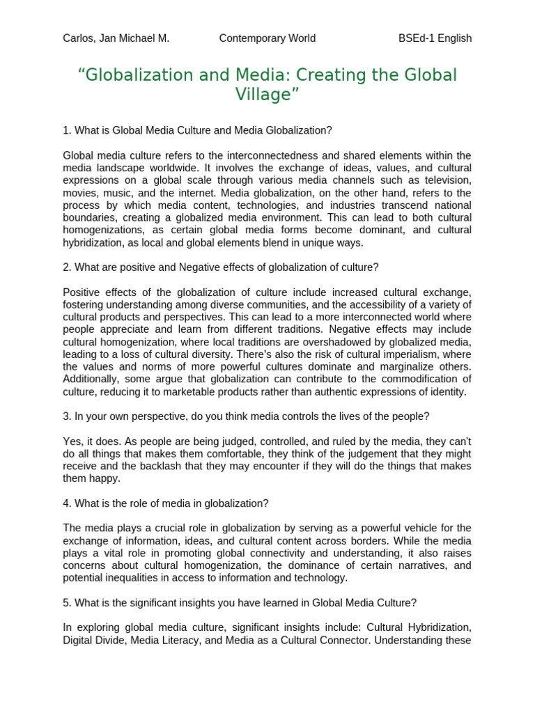 “Globalization and Media- Creating the Global Village” | PDF ...