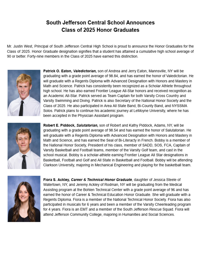 South Jefferson Central Class Leaders of 2025 | PDF