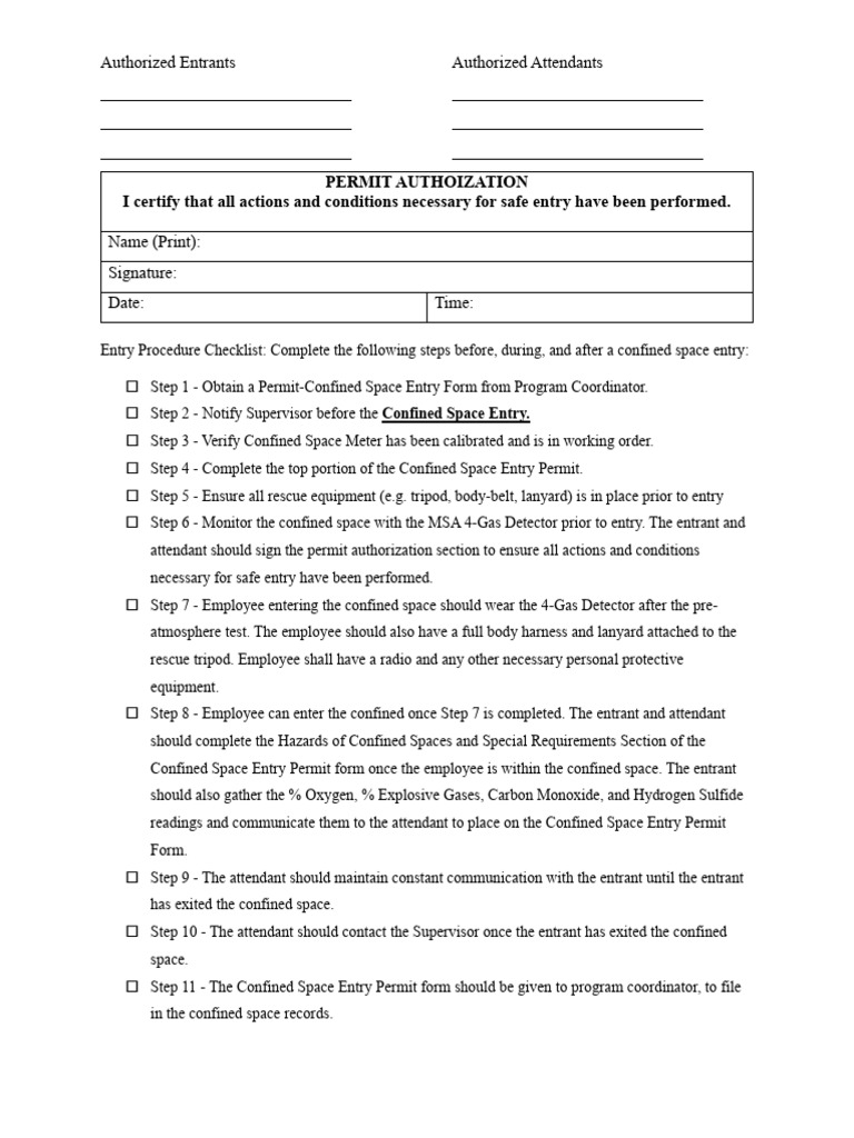 Confined Space Entry Authorization | PDF