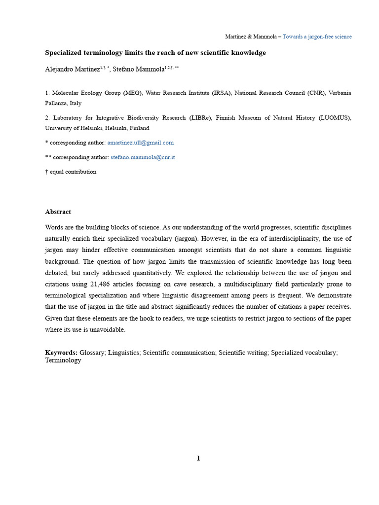 Specialized Terminology Limits The Reach of New Scientific Knowledge ...