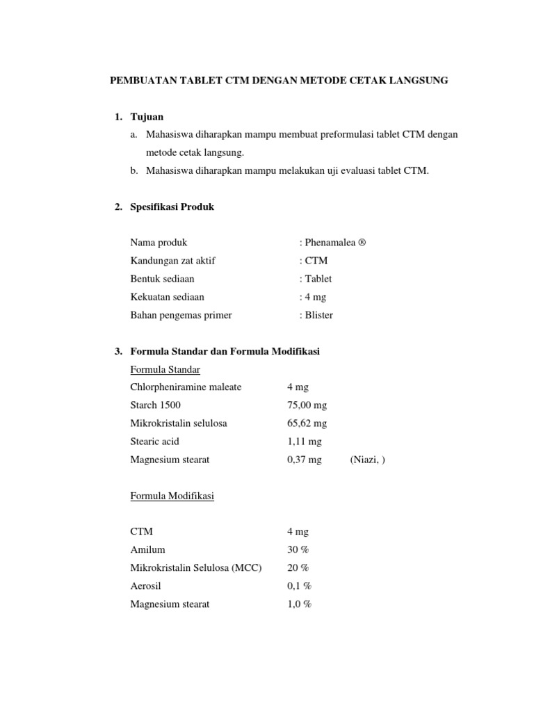 Pembuatan Tablet CTM Dengan Metode Cetak Langsung | PDF